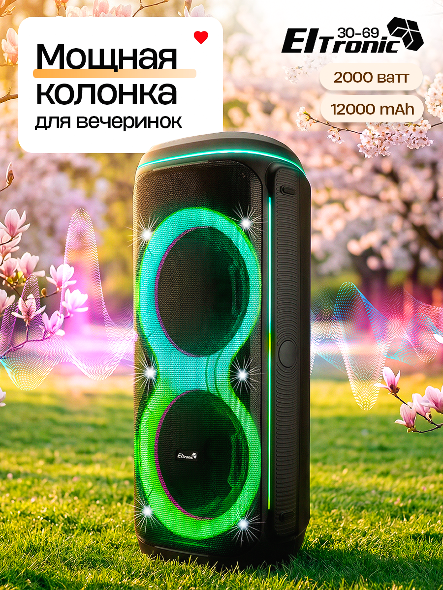Колонка портативная Eltronic 30-69 Crazy Box 2000, 2 микрофона, Bluetooth, TWS, FM
