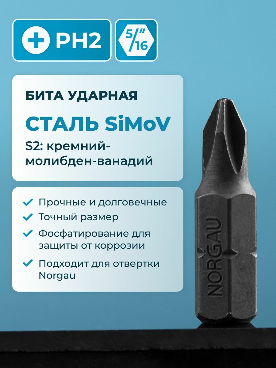 Бита ударная PH2 NORGAU Industrial из высокопрочной SiMoV стали S2, для ударной отвертки с шестигранником 5/16"
