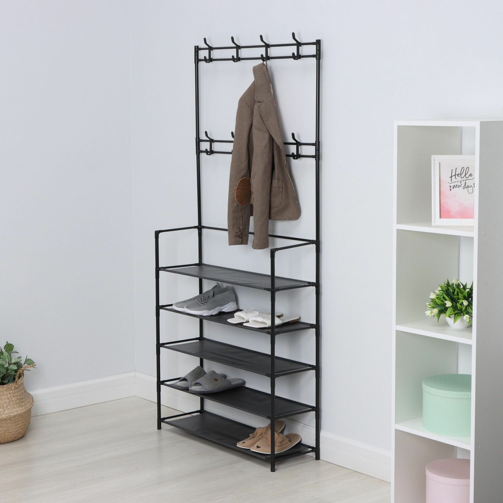 Вешалка - стойка напольная для одежды, с полками для хранения, 5 ярусов, 80х26х165 см, чёрная
