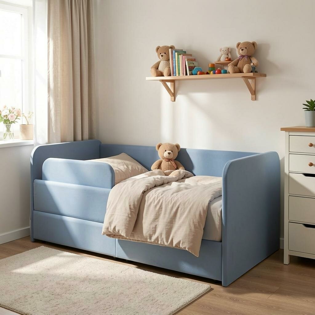 Кровать детская М-Стиль "Смайл" голубая с защитным бортиком и ящиками для хранения 140х70 см