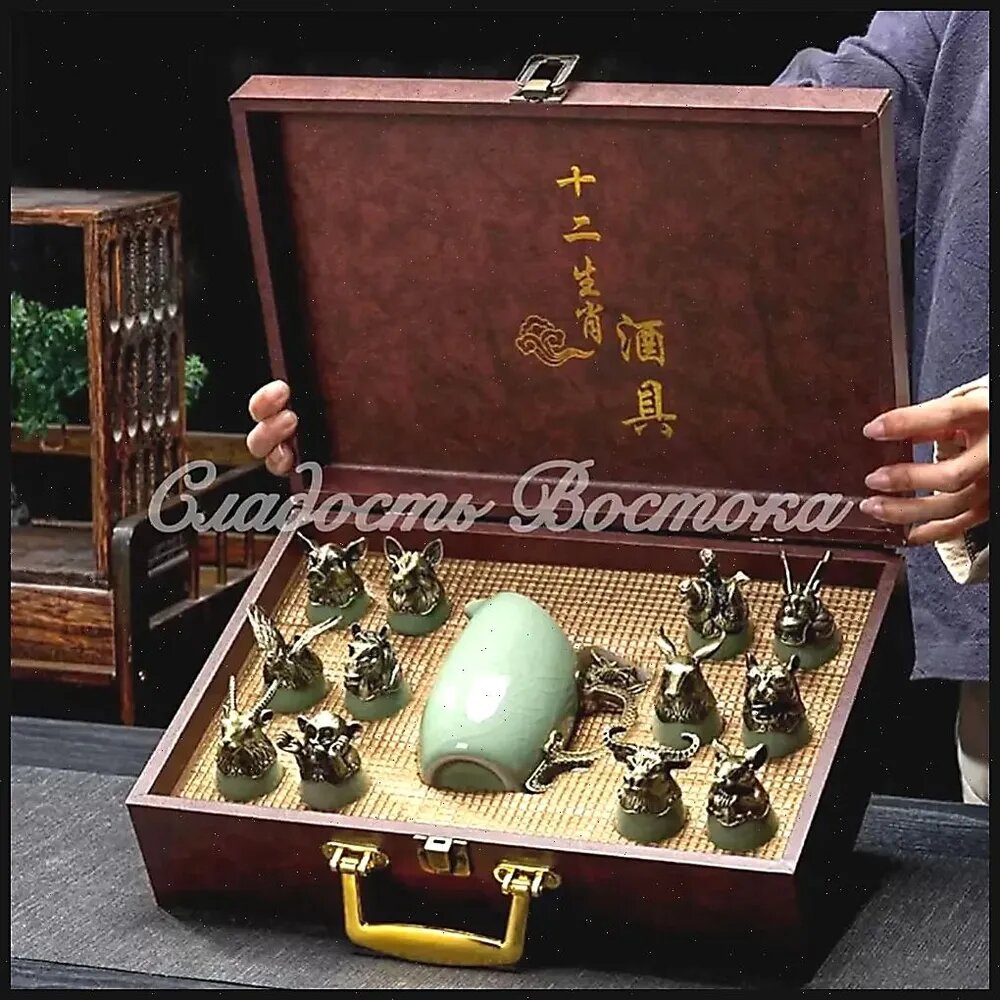 Стопка, 280 мл, 13 шт, Бирюзовый, Керамика, Каменная керамика, Латунированная сталь, Набор рюмок для водки