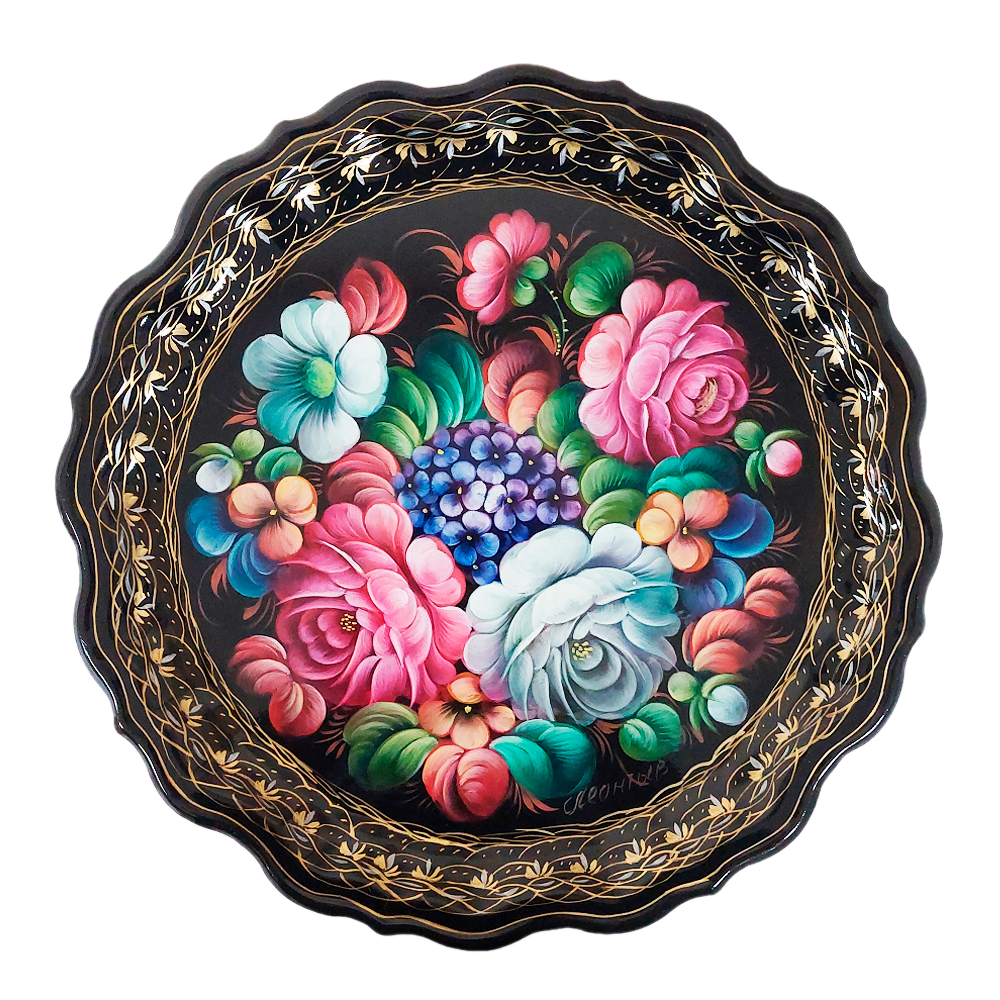 Поднос металлический, круглый "Цветы в деталях", жостово 37см.