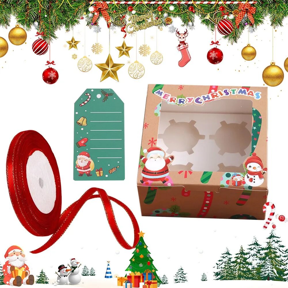 Набор коробок для кексов с оформлением Санта-Клаус 12 шт, подарочный для кондитерских изделий, красный