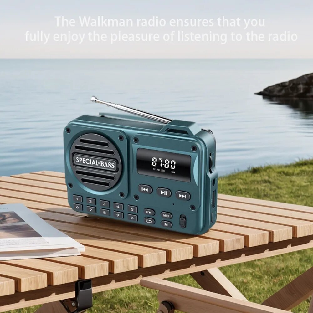 Портативная магнитола с FM/USB/TF, встроенным динамиком и дисплеем, черная с зеленым — фото 1