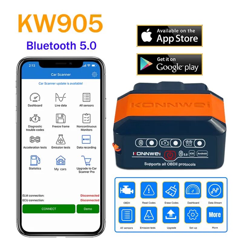 Konnwei Bluetooth 5.0 ELM327 V1.5 OBD2 Сканер KW906 OBDII Автоматические KW905 Orange
