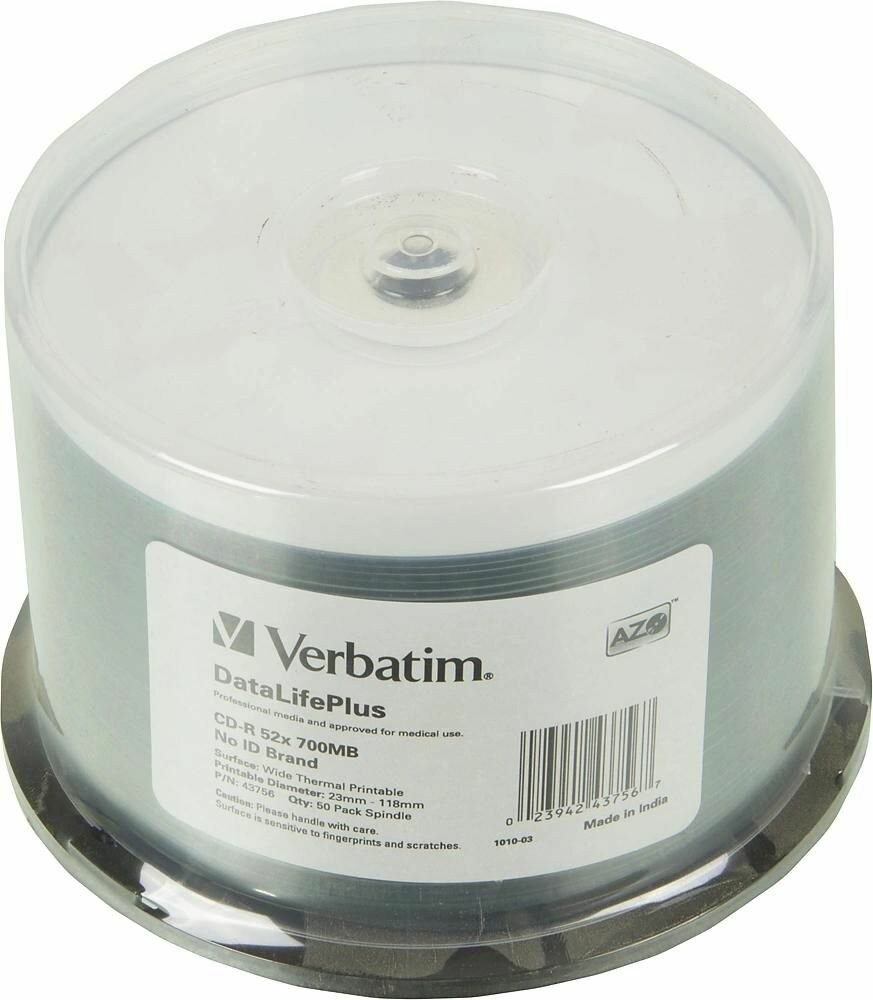 Диск CD-R Verbatim 700 Mb, 52х Cake Boх 50 шт Printable (43756)