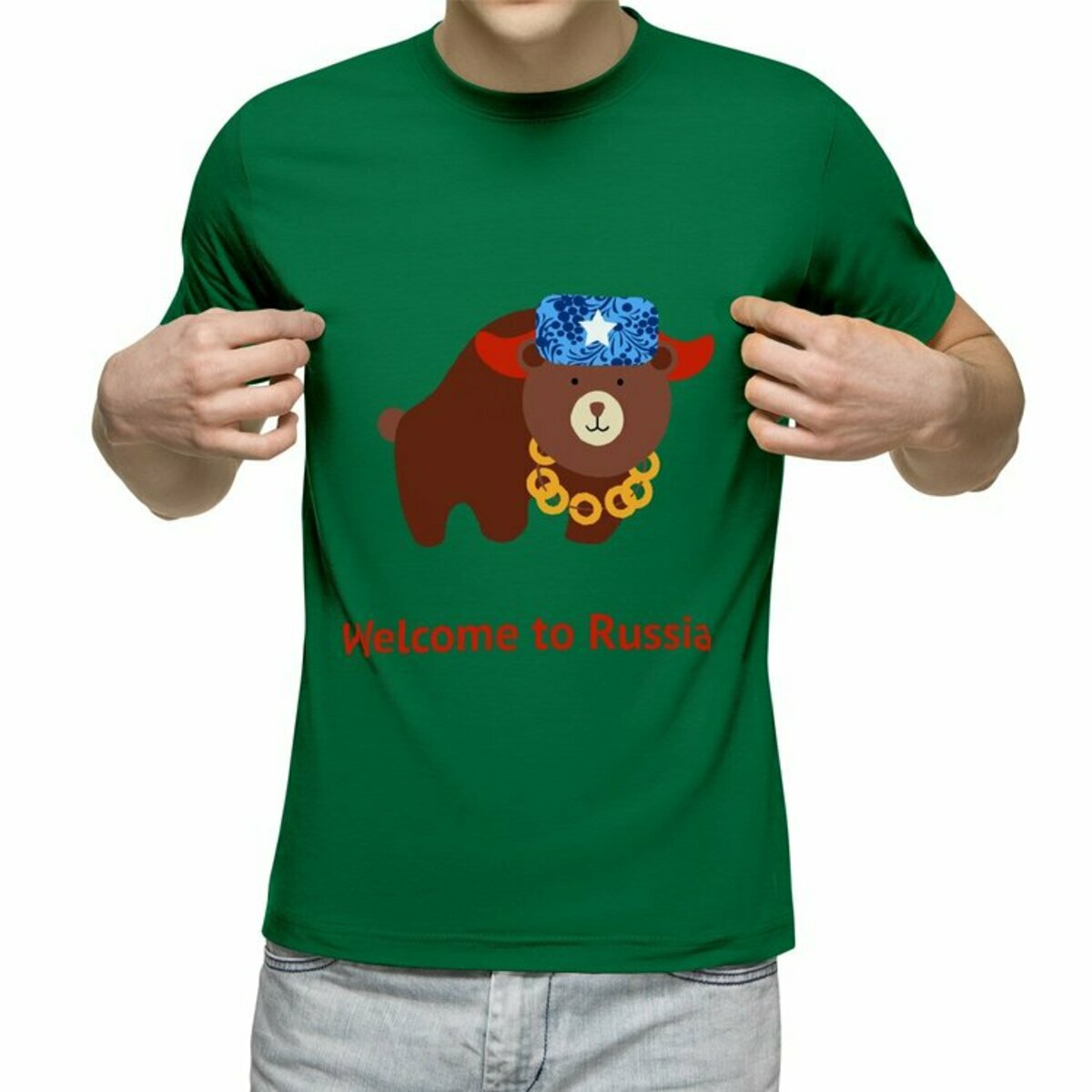 Мужская футболка «Медведь в ушанке с бубликами Welcome to Russia» (зеленый, XL)