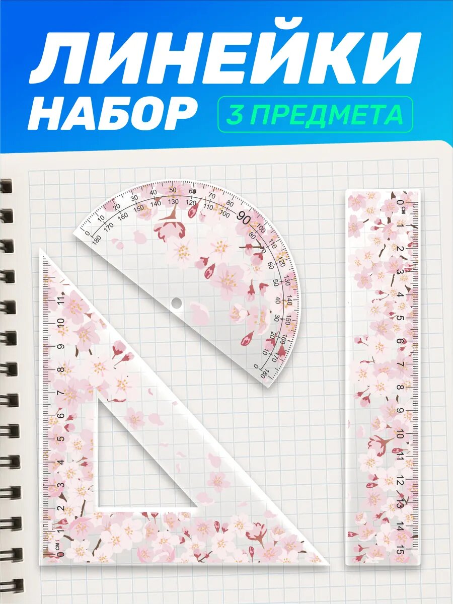 Набор линеек для школьника с транспортиром Цветы сакуры