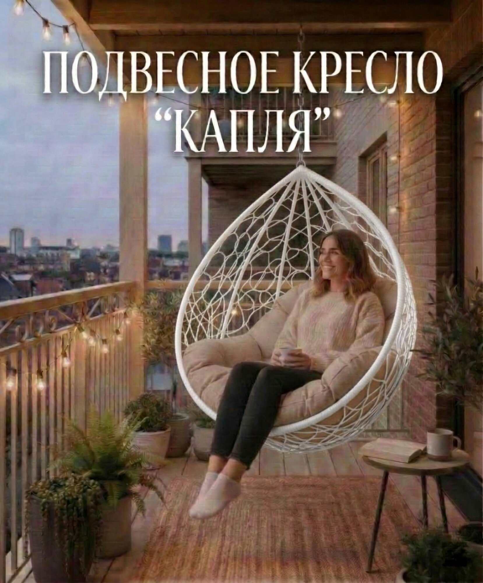 Подвесное кресло "Капля" без стойки, белое с бежевой подушкой, + цепь 2м