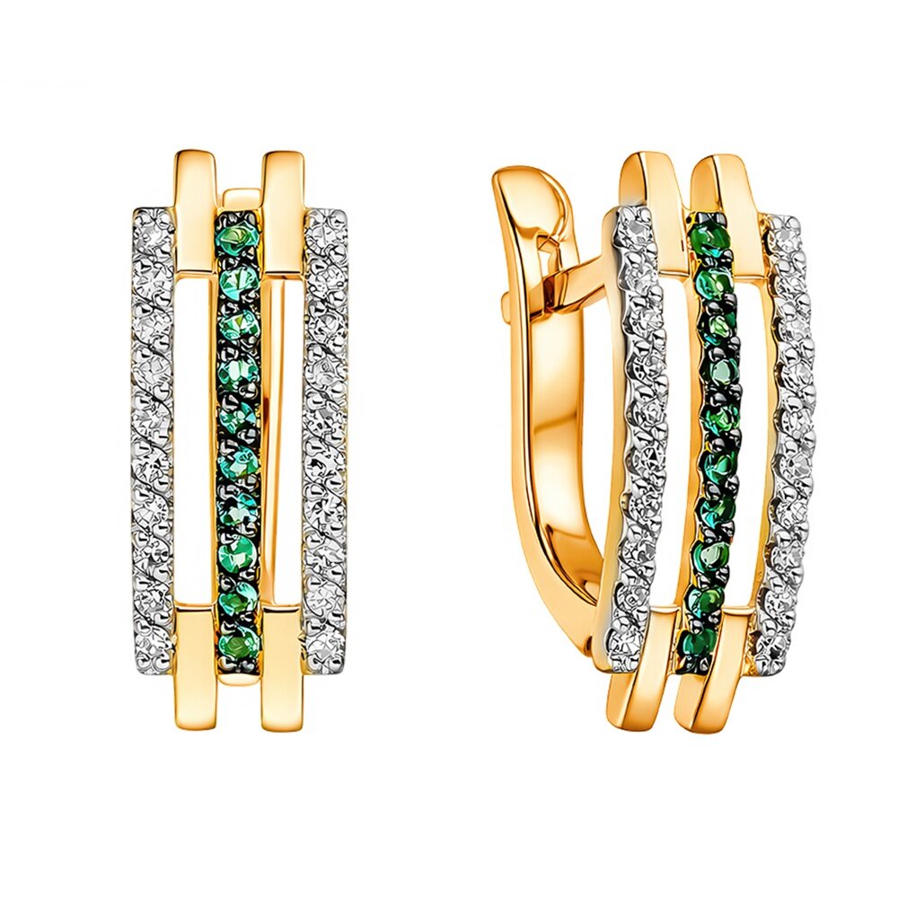 Серьги, красное золото, 585 проба, изумруд синтетический, бриллиант