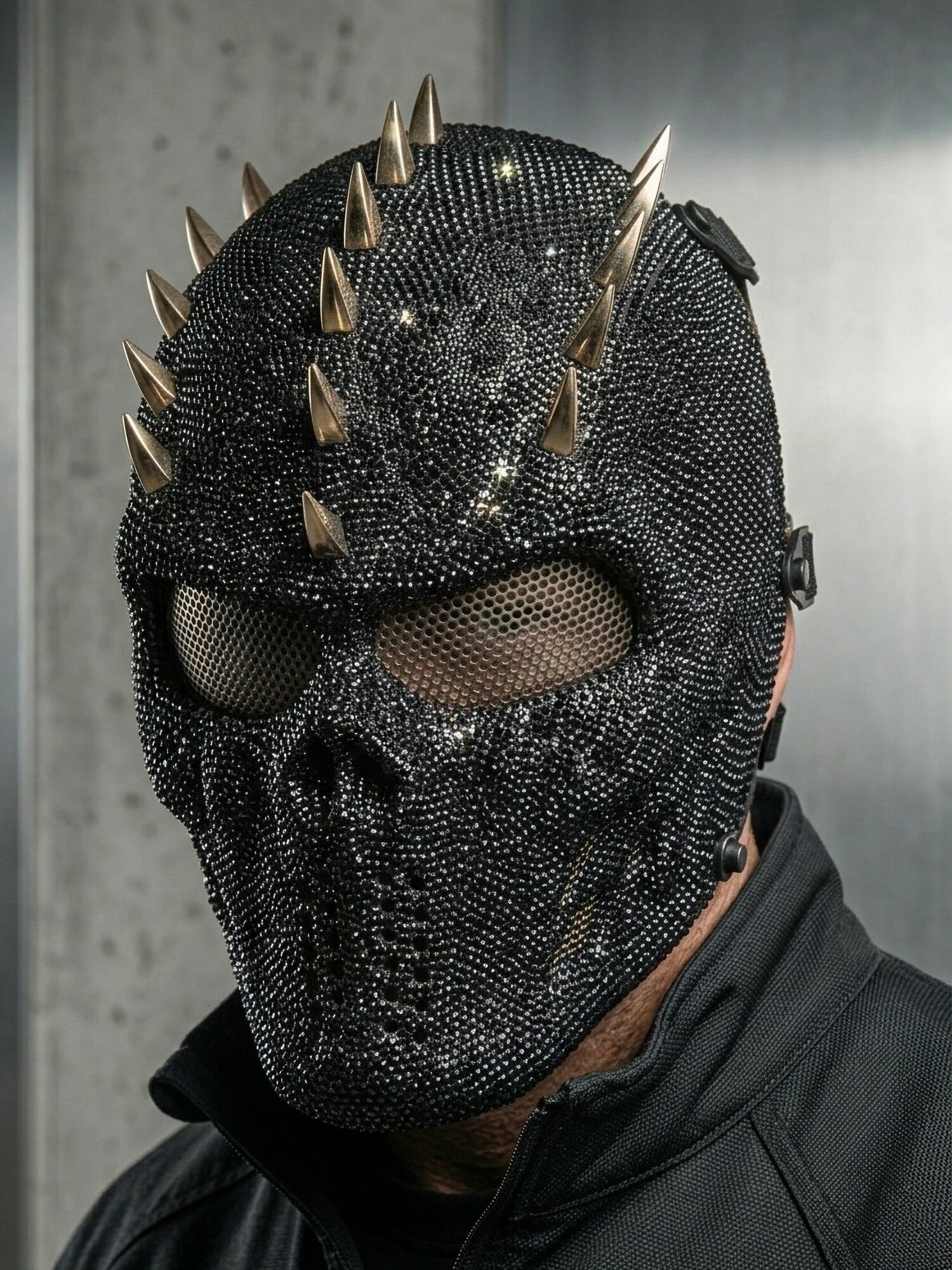 Тактическая маска череп в чёрных стразах и шипах.