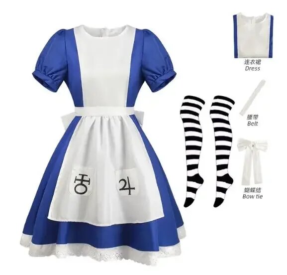 Женский Костюм Для Косплея «Алиса В Стране Чудес» — Униформа Горничной, Наряд На Хэллоуин, Включает Платье И Чулки