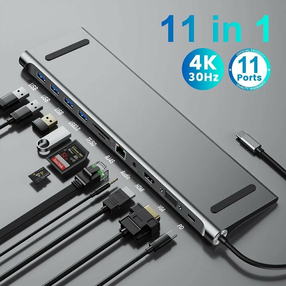 USB разветвитель 11 в 1 USB HUB Type C док станция Usb 3.0 хаб 3 0 переходник концентратор thunderbolt 4k Hdmi VGA RJ45 TF SD AUX картридер для ноутбука пк USB-2.0 Type-c