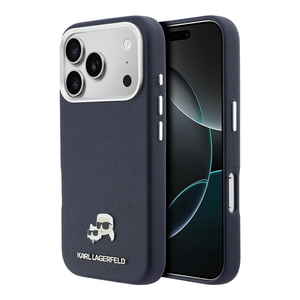 Karl Lagerfeld чехол с MagSafe для iPhone 17 Pro Max, кожа PU Saffiano FW, NFT Karl&Choupette metal & Camera, синий