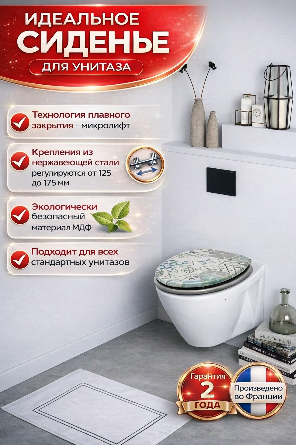 Сиденье для унитаза Скандинавия микролифт материал МДФ крепления нержавеющая сталь