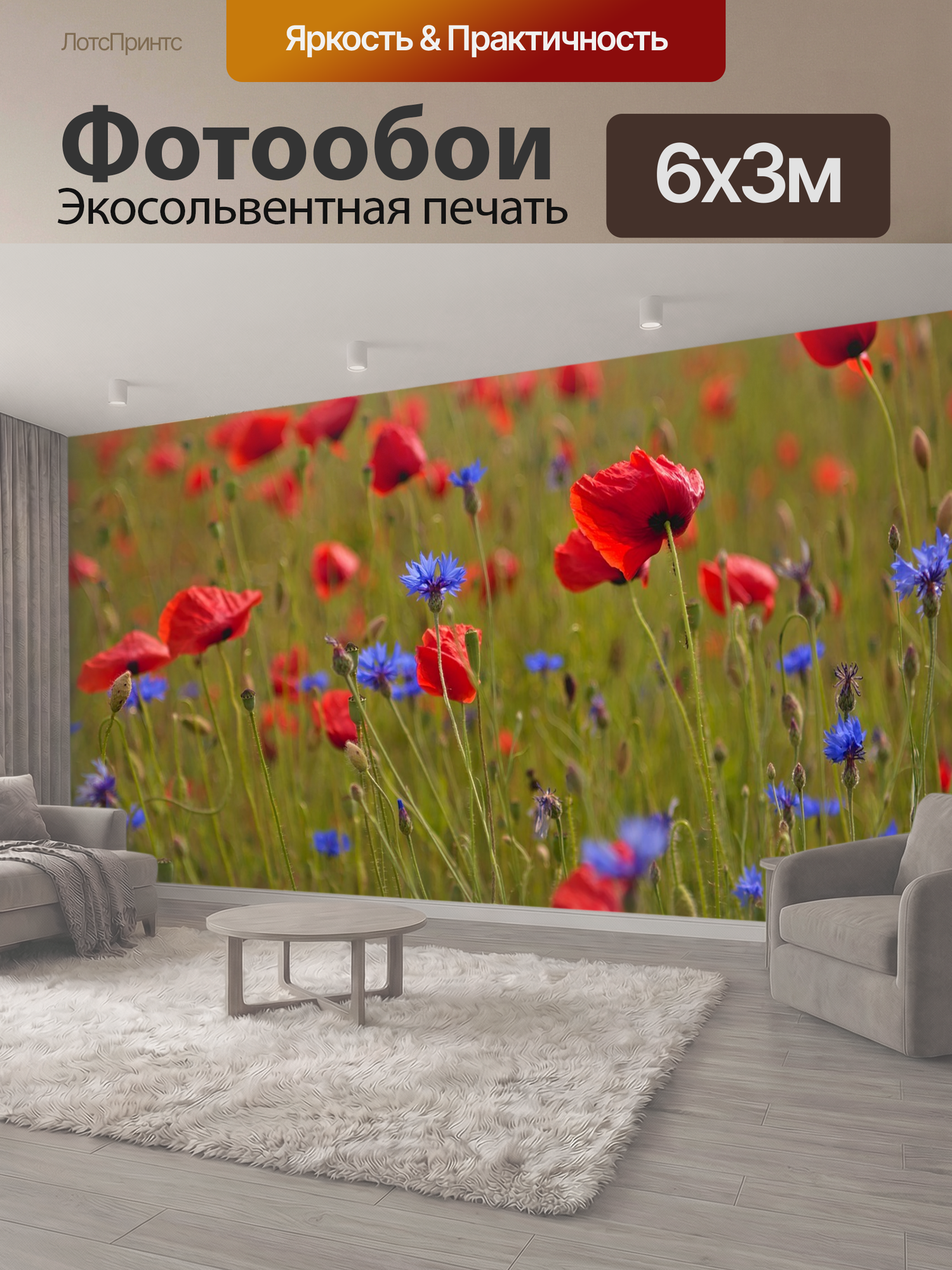 Фотообои "Маки, маковое поле, васильки" 600x300 см. экосольвентная печать