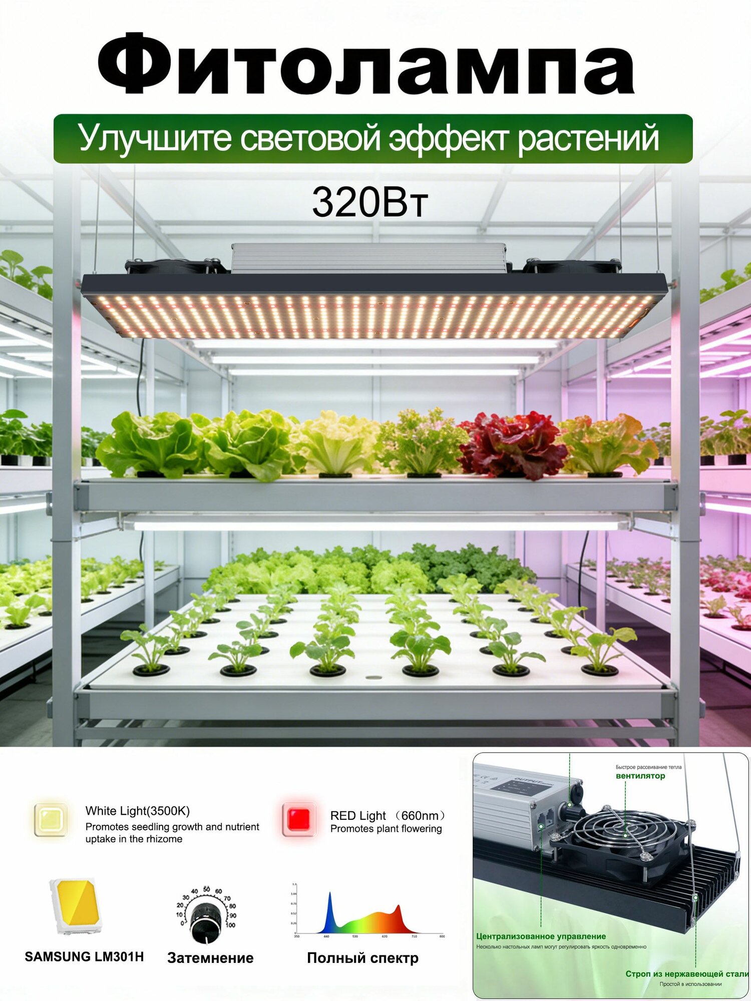 Фитолампа LED 320 Вт LM301H, спектр 3500K+660nm, с диммером и вентилятором для гроубокса и рассады