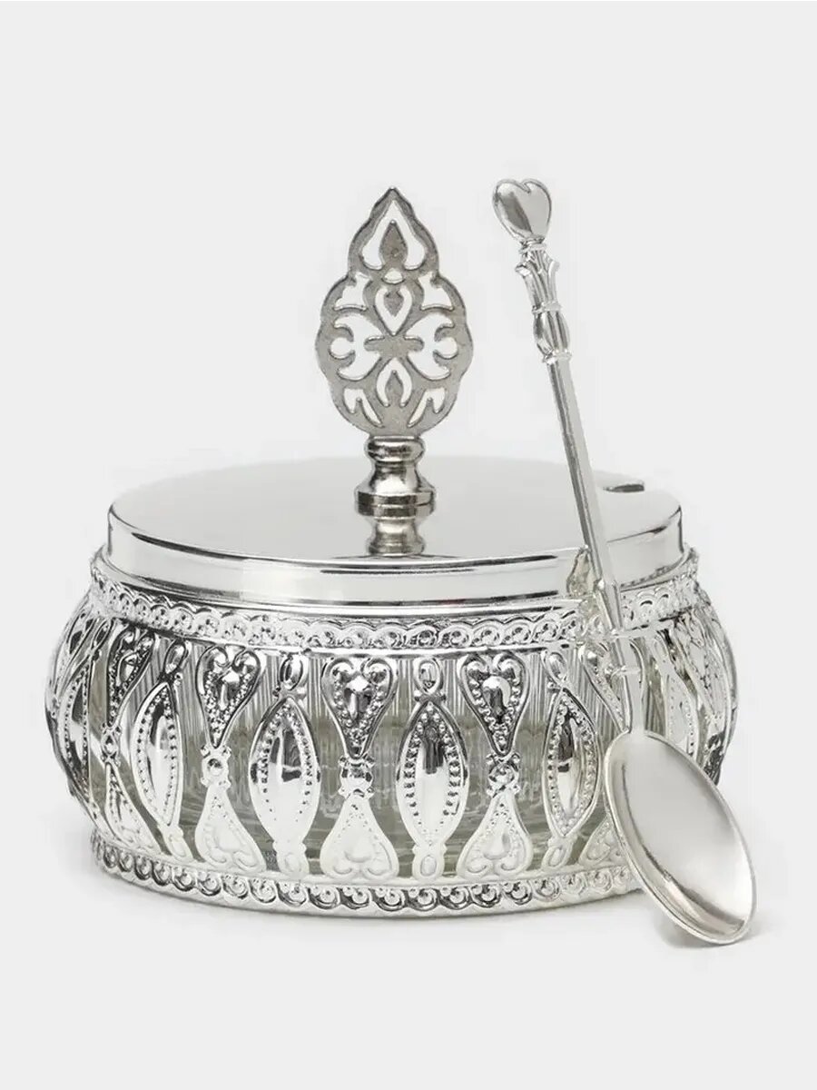 Элегантная серебряная сахарница с ложкой