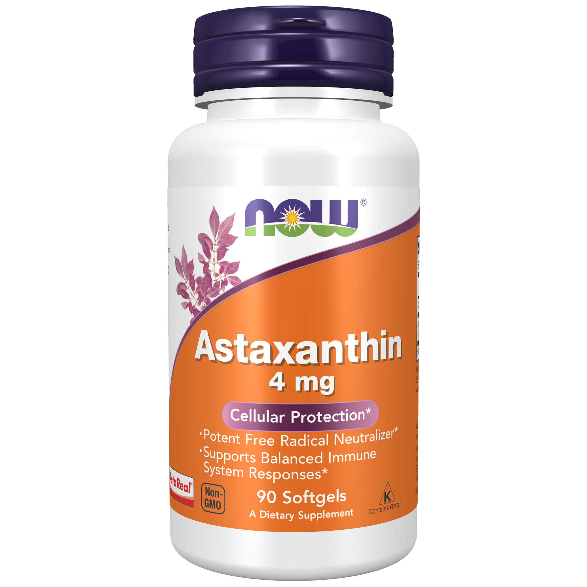 Астаксантин 4мг NOW Astaxanthin, 90 мягких капсул, Антиоксидант для зрения, сердца и кожи