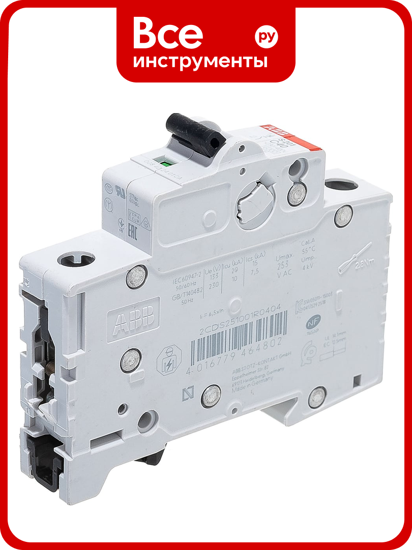 Автоматический модульный выключатель ABB 1п C S201 2CDS251001R0404, тип C, монтаж на DIN‑рейку, серый корпус УХЛ‑3