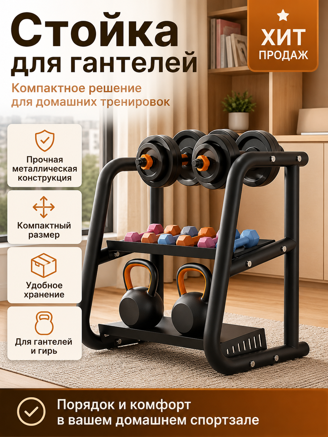 Стойка для гантелей для дома и гирь, 3 уровня, для мячей, гантелей и йога-матов, черная
