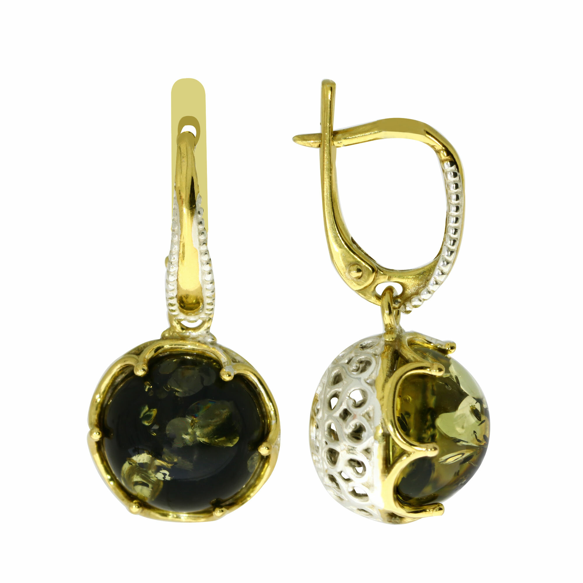 Серьги, серебро, 925 проба, золочение, янтарь