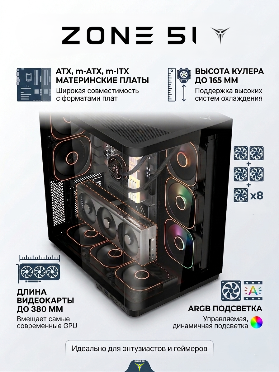 Корпус компьютерный ZONE 51 "Fury Black", закалённое стекло, 5 ARGB-вентиляторов