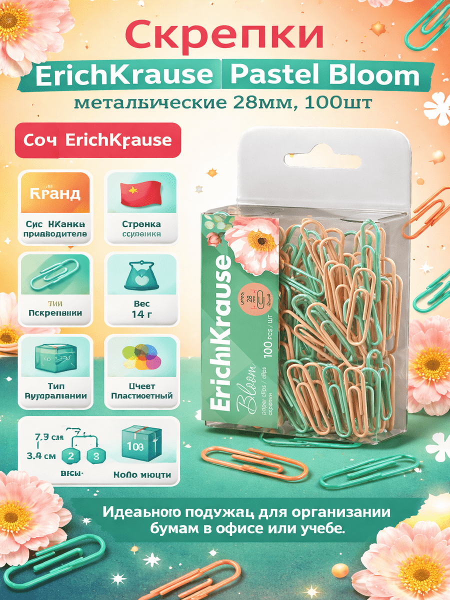 Скрепки Erichkrause Pastel Bloom металлические 28мм, 100шт