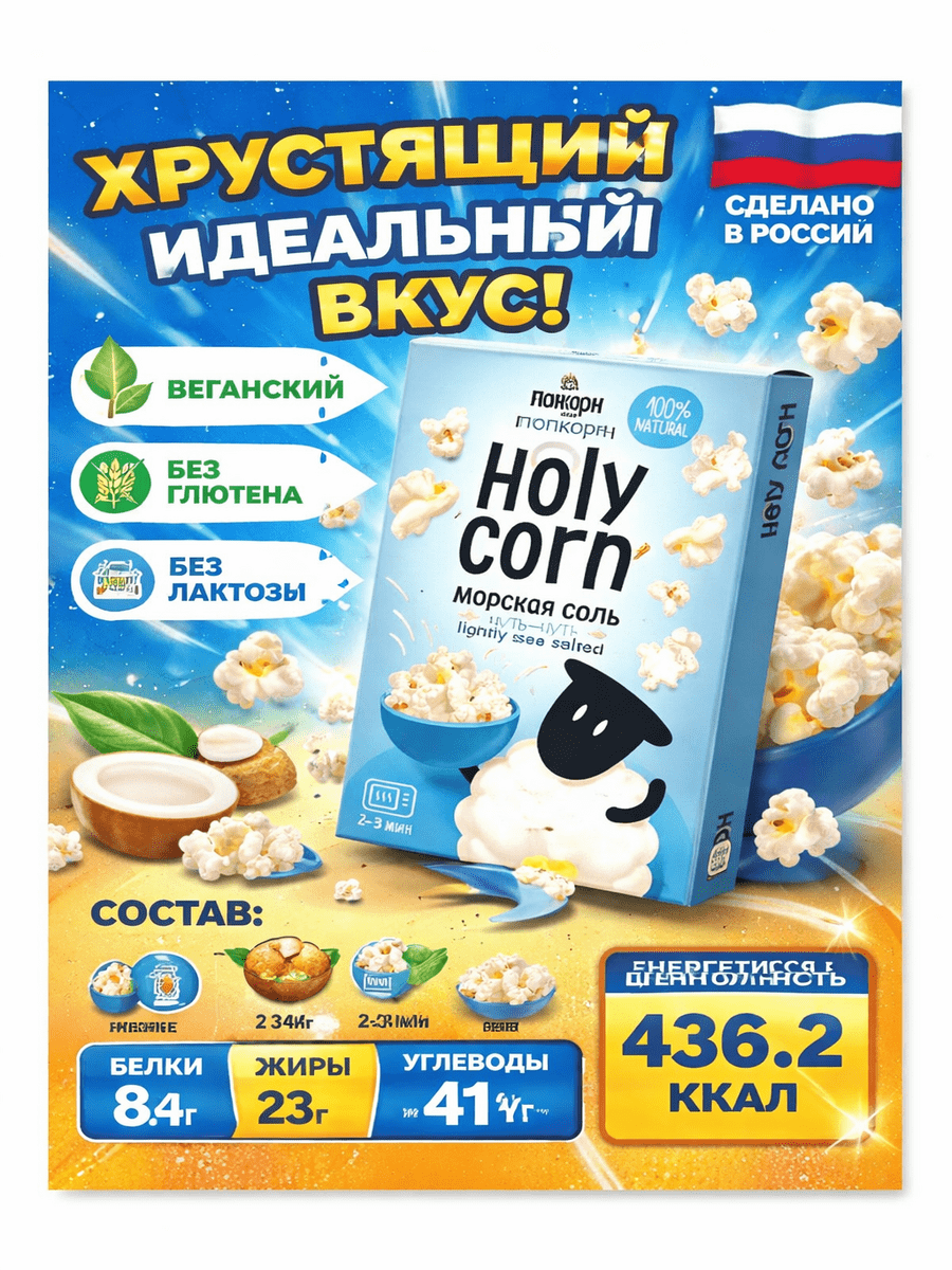 Попкорн Holy Corn морская соль для приготовления в микроволновой печи, 65г