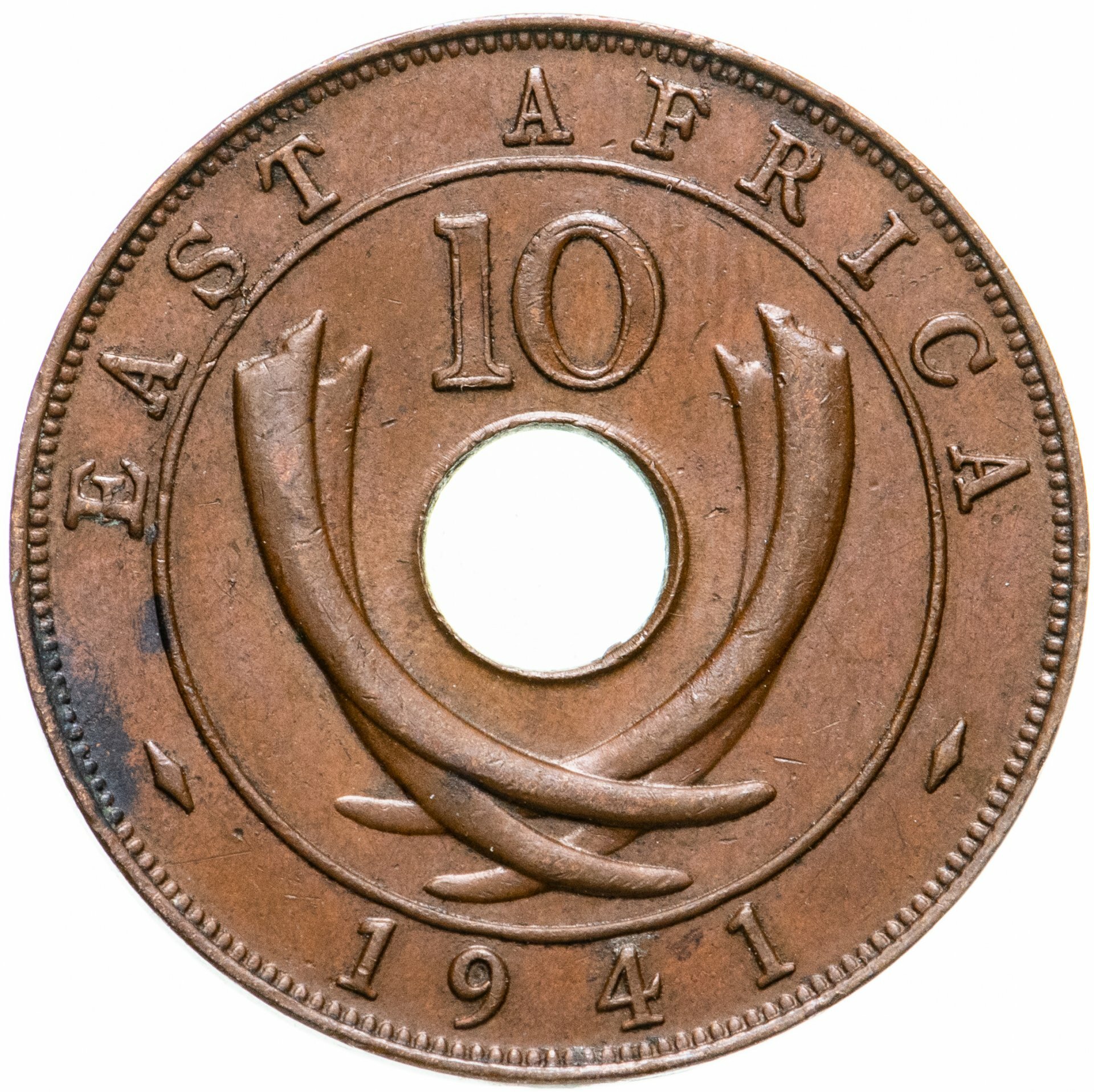 Британская Восточная Африка 10 центов cents 1941-1942, Бронза, в сохранности VF-XF