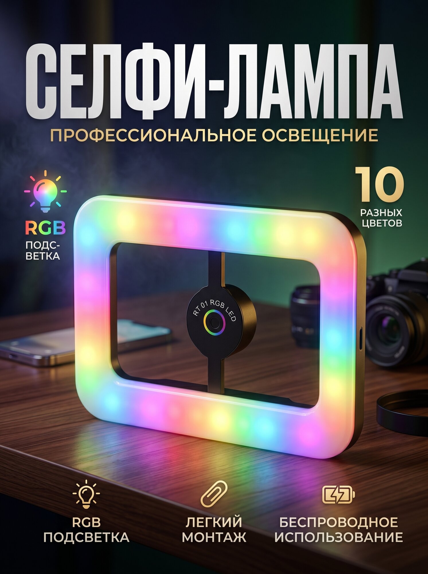Кольцевая лампа с держателям для телефона и резьбой для штатива, RGB