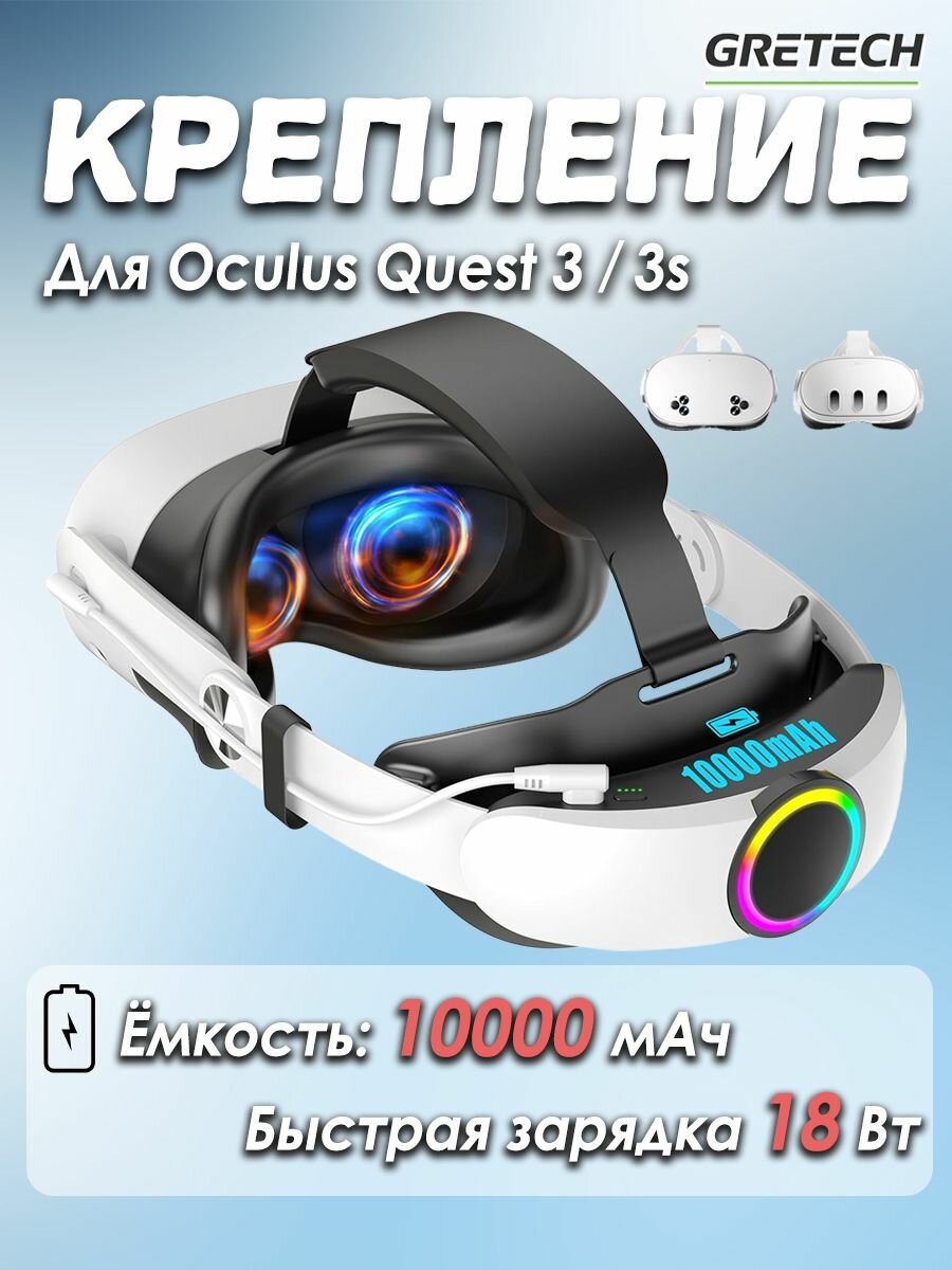 Крепление на голову для VR Oculus Quest 3/3S, большая емкость 10000 мАч, экспресс-зарядка мощностью 18 Вт