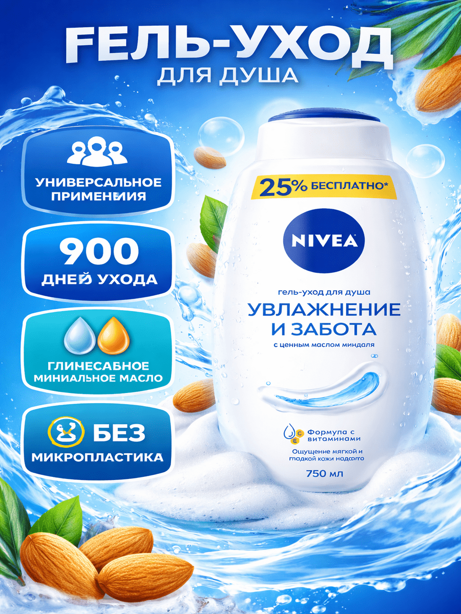 Гель-уход для душа Nivea Увлажнение и Забота, 750мл