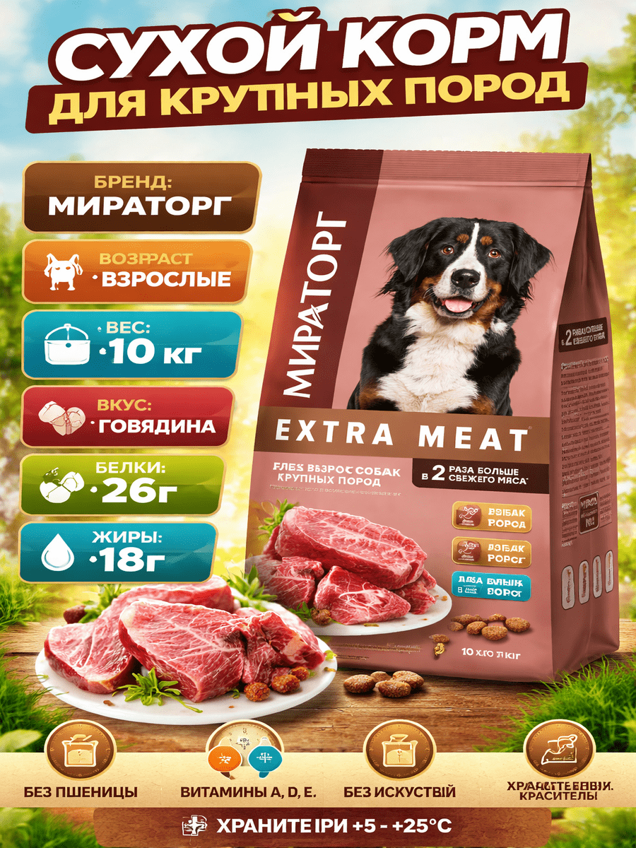 Корм сухой Мираторг Extra Meat с говядиной Black Angus для собак крупных пород, 10кг