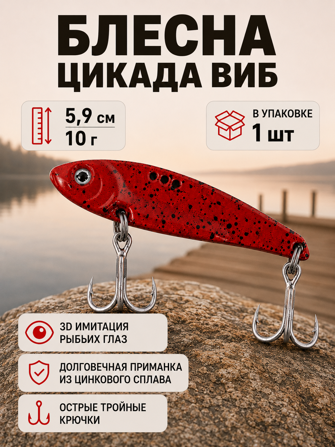 Рыболовная вибрационная металлическая виб-приманка/Джиг-спиннер/блесна цикада, для дальнего заброса 5,9 см/10 г, красно-черная