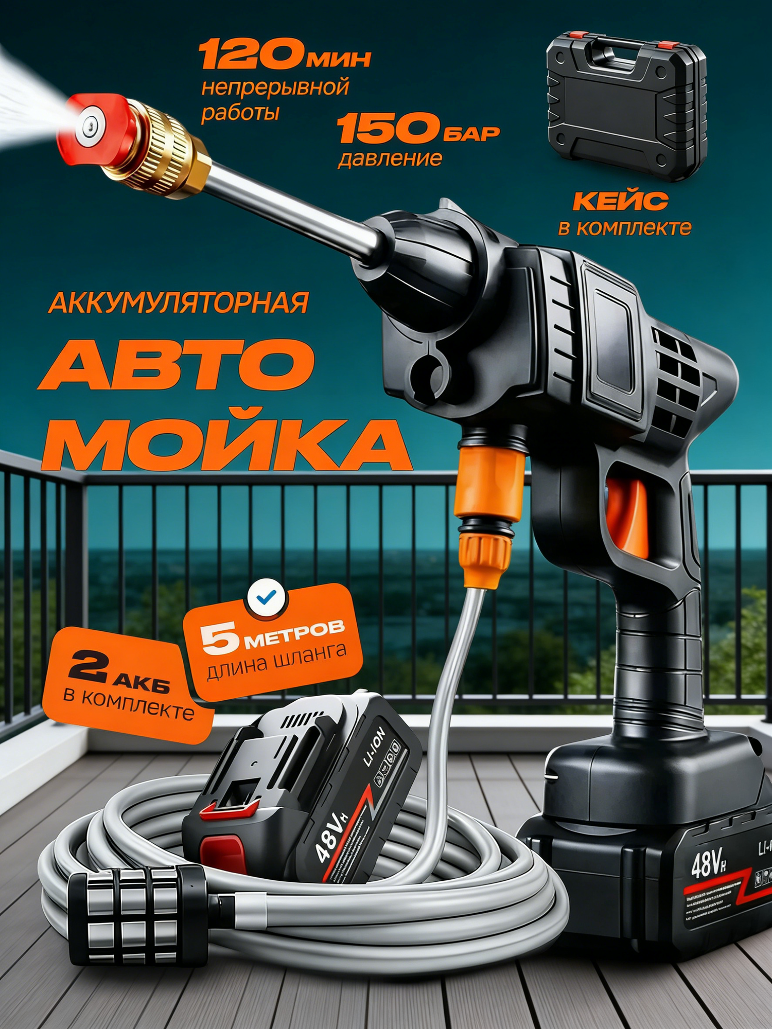 Мойка высокого давления, 1000Вт, портативная, аккумуляторная, с фильтром, в кейсе