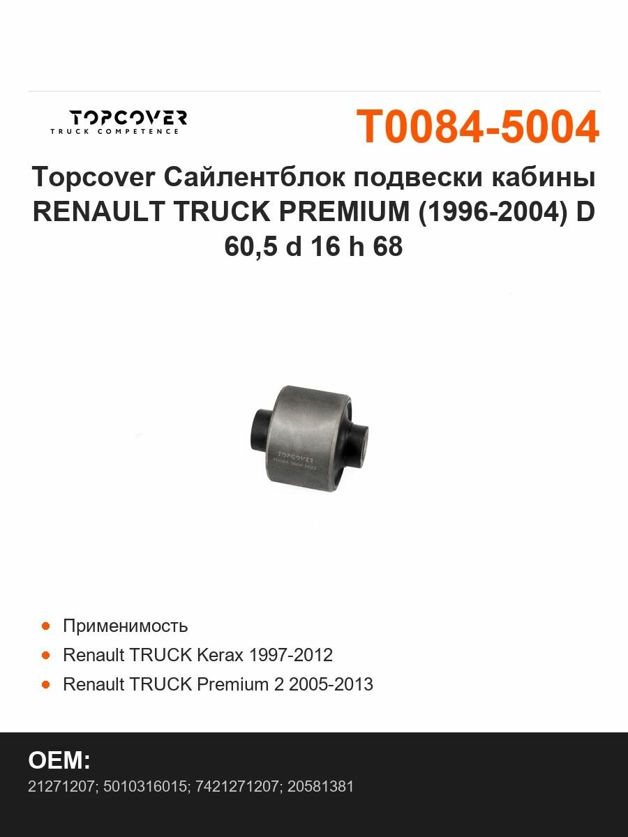 Topcover Сайлентблок подвески кабины RENAULT TRUCK PREMIUM (1996-2004) D 60,5 d 16 h 68