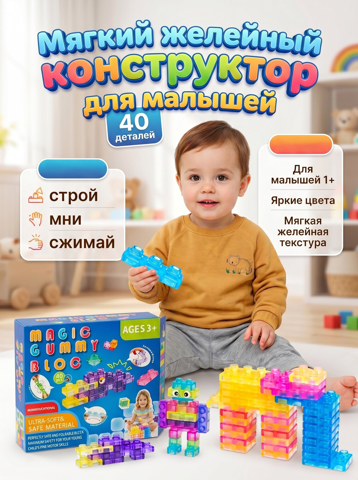 Конструктор для малышей мягкий желейный сенсорный развивающая игрушка