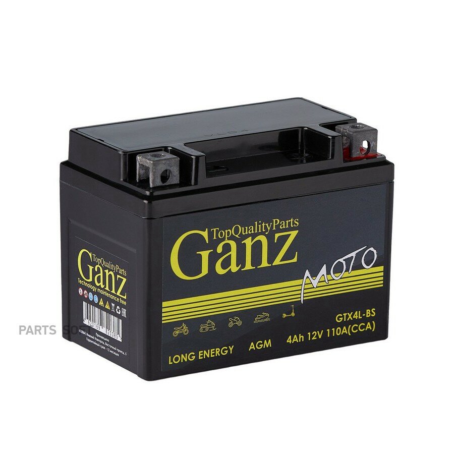 Аккумулятор GANZ мото AGM 4 А/ч Обратная 113x70x89 CCA110 А GTX4L-BS от официального дистрибьютора, GANZ, артикул GN1204