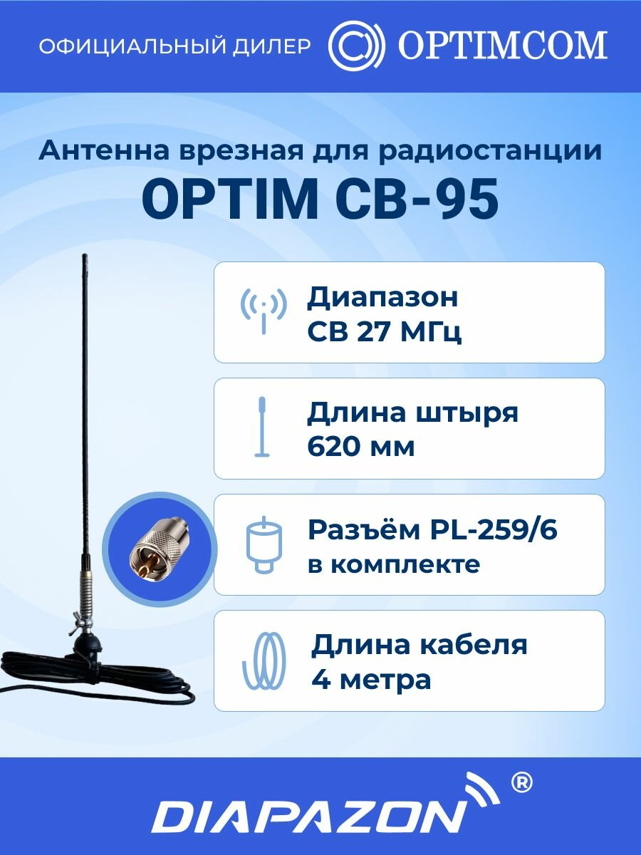 Антенна автомобильная врезная Optim CB-95 для рации, 27 МГц