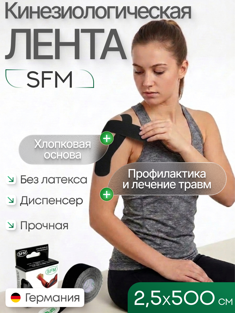 Лента кинезиологическая SFM-Plaster, на хлопковой основе, 2,5 см х 500 см, черного цвета, в диспенсере