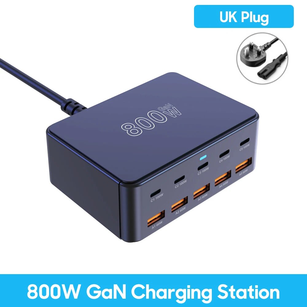 Зарядная станция GaN 800W UK Plug с 10 портами USB-C