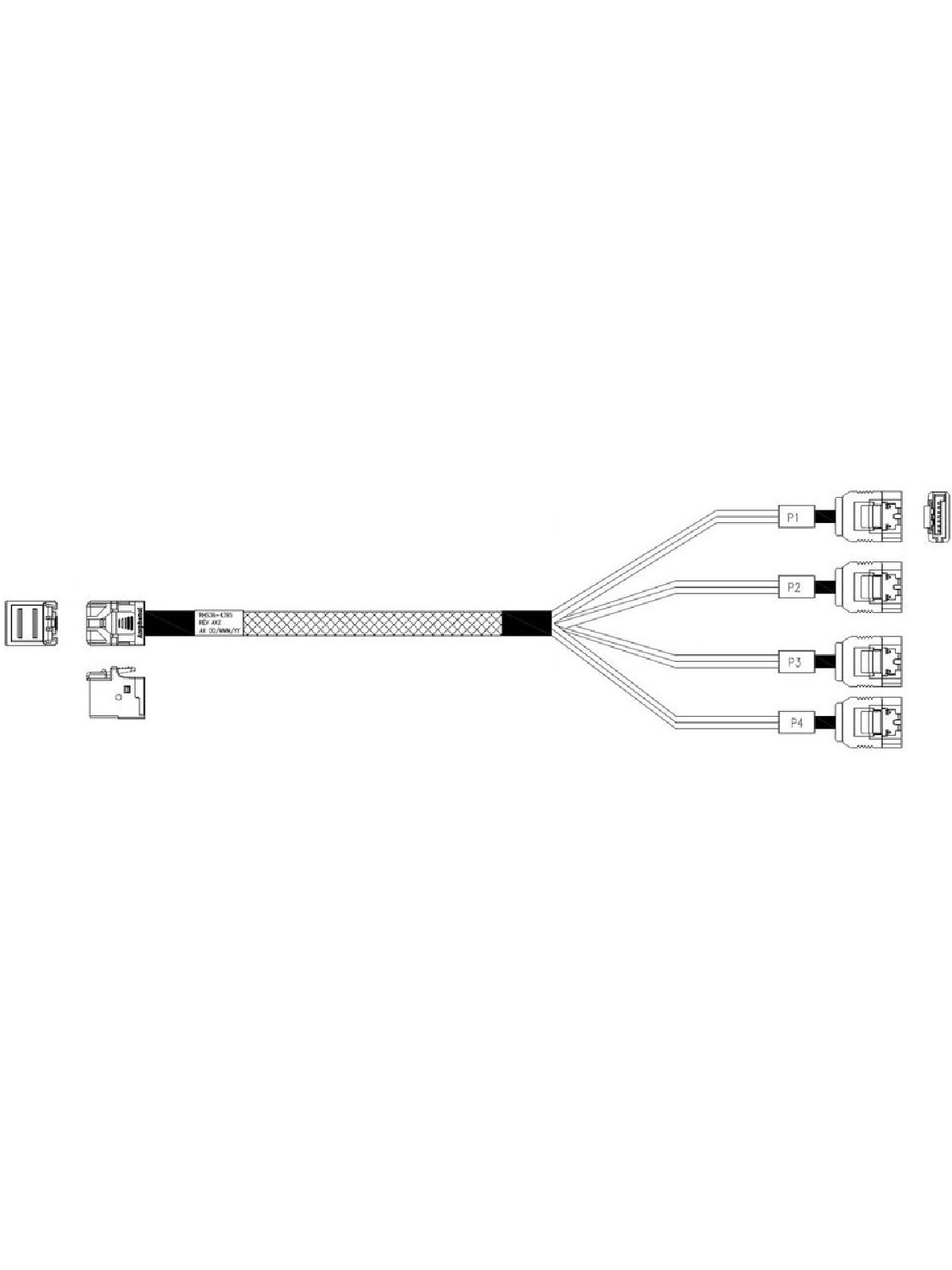 Кабель интерфейсный Amphenol RHS36-4395 HDmSAS SFF8643 -to- 4*SATA, Crossover, 75cm