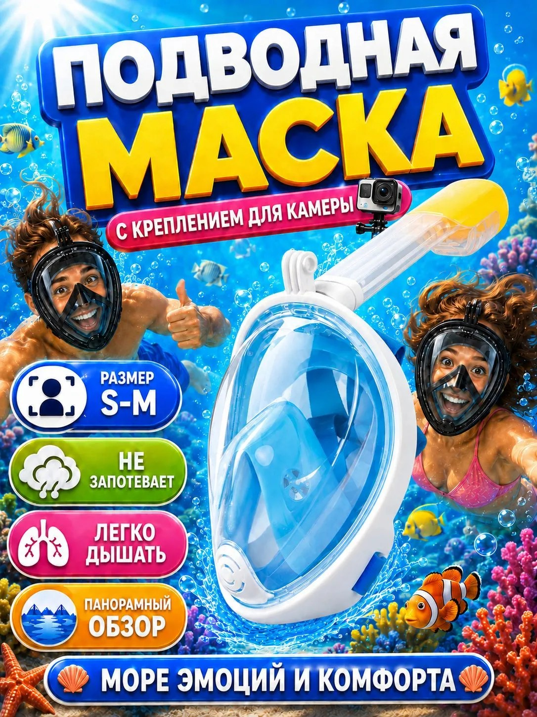 Подводная маска для плавания , полнолицевая маска для снорклинга, размер S-M, синяя