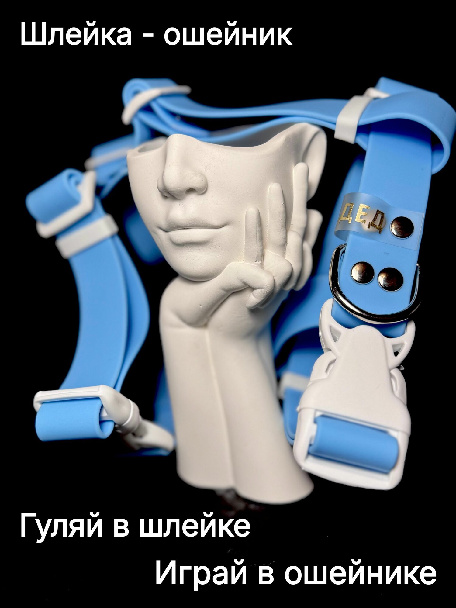 Шлейка-ошейник 2в1 трансформер для собак ручная работа (из биотана) голубая