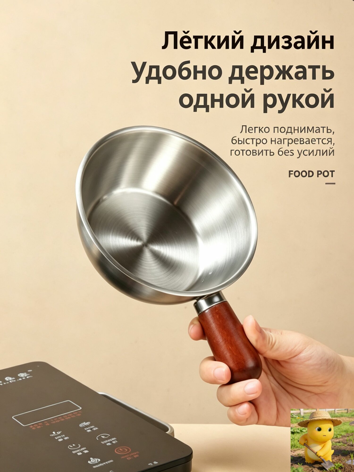 Сотейник из нержавеющей стали 2 л, 17 см, с деревянной ручкой, для всех плит, без крышки, легкая конструкция