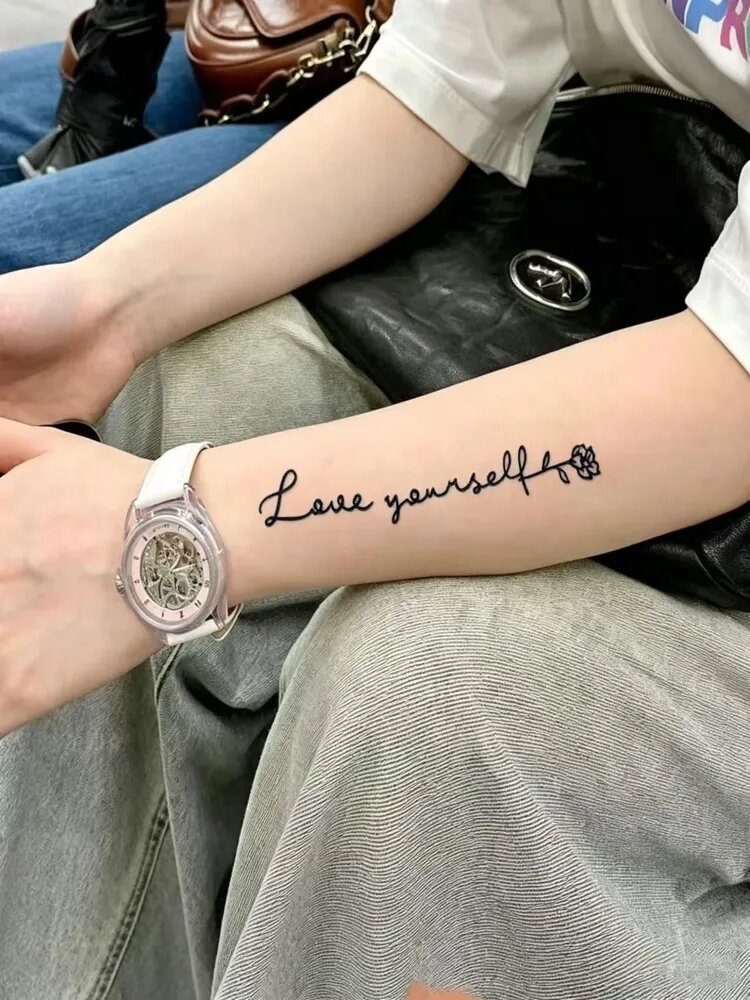 Растительная тату "Love yourself" с цветочным дизайном для руки и спины водонепроницаемая
