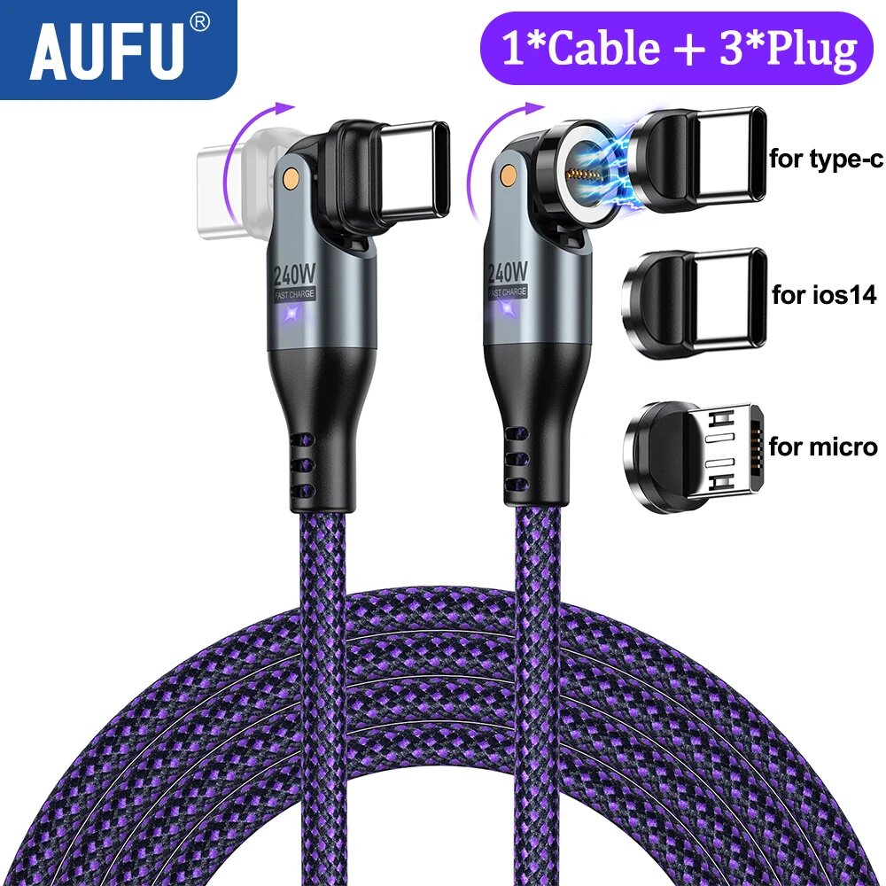 AUFU магнитный кабель 1.8м 240W 3-в-1 (Type-C, iOS, Micro) фиолетовый
