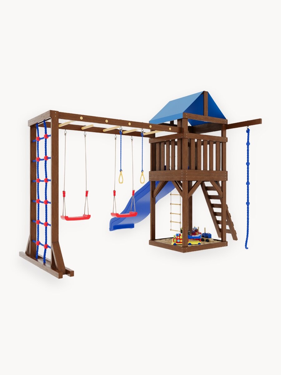 Детская площадка для улицы Timber Fort Палисандр с модулем паутинка и качелями-лодочками.