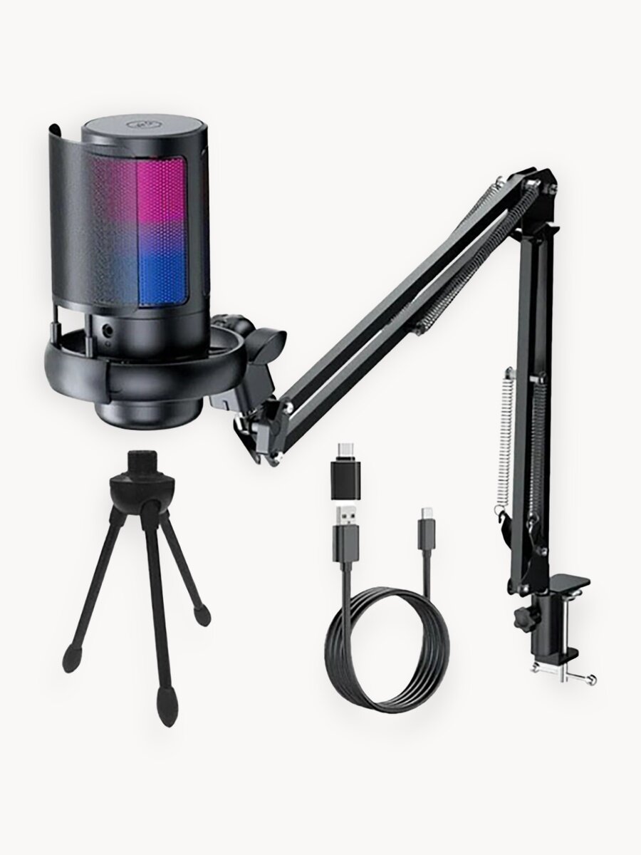 Конденсаторный USB микрофон, игровой RGB микрофон для компьютера и стрима, шумоподавление, подключение наушников, 2 вида крепления